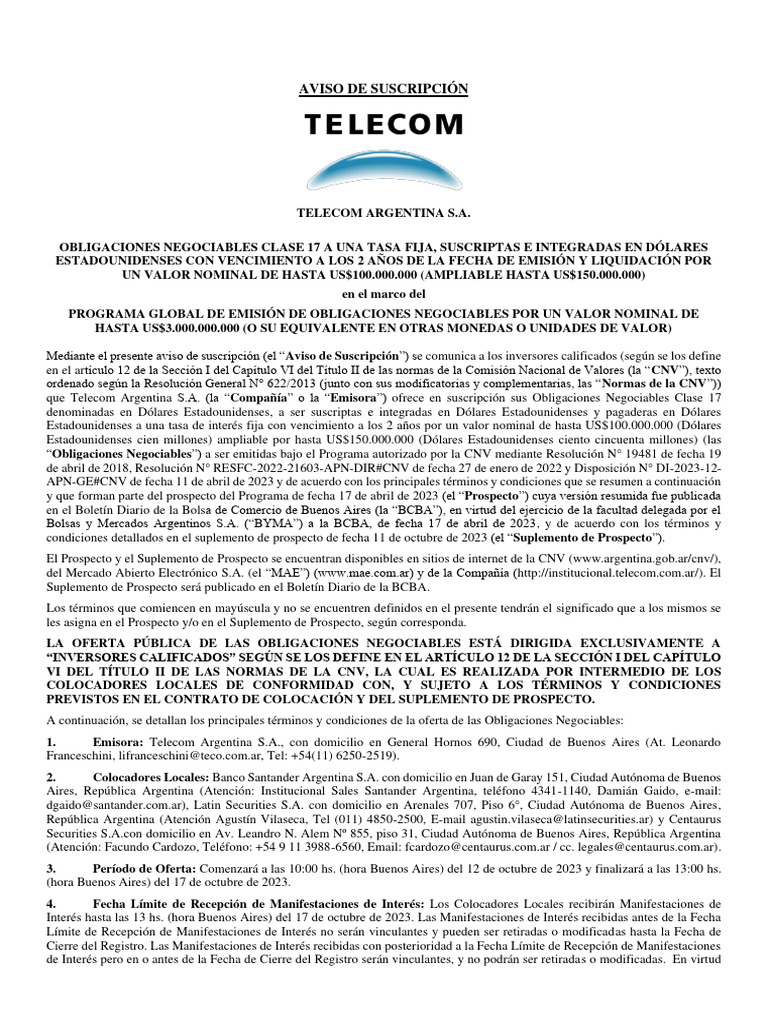 10-11-2023 Telecom - Aviso de Suscripción - Obligaciones Negociables ... 10-11-2023 Telecom - Aviso de Suscripción - Obligaciones Negociables ...