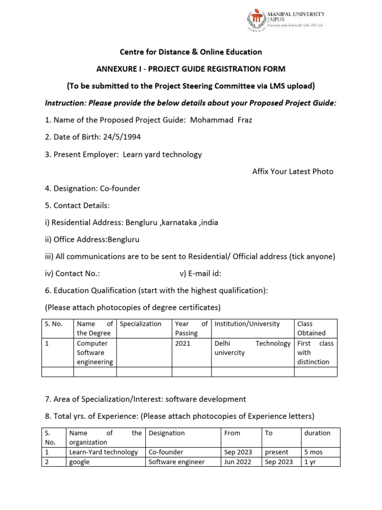 Annexure I (Project Guide Form) (1) | PDF