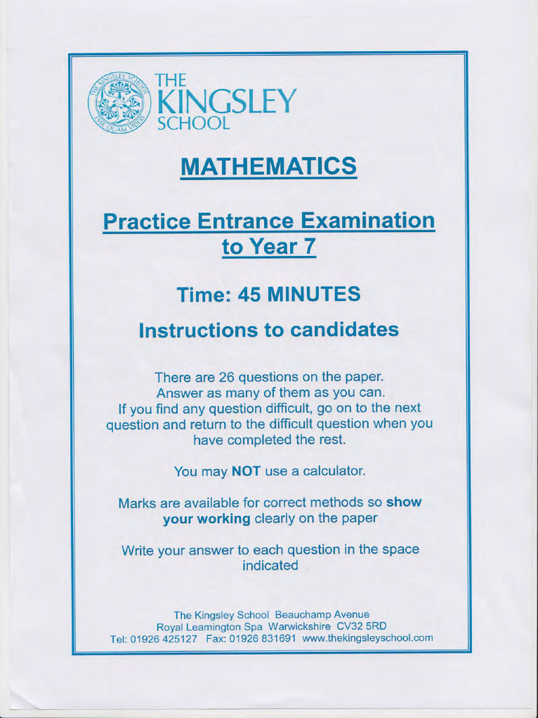 Y7 Maths Practice Paper Pdf