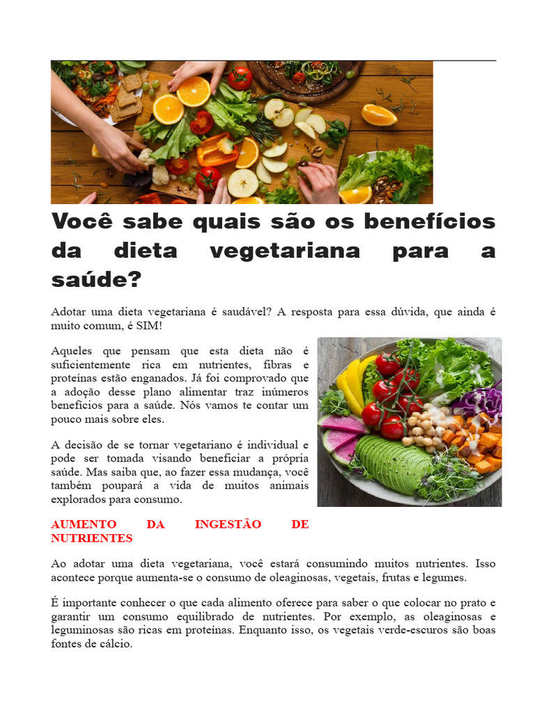 Benefícios da Dieta Vegetariana | PDF | Vegetarianismo | Colesterol