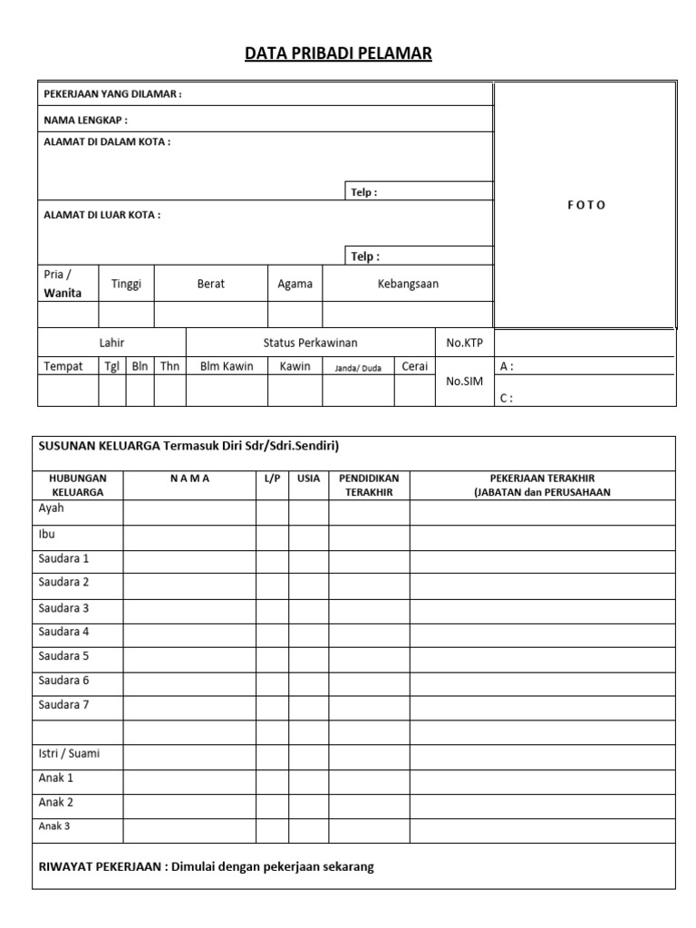 Formulir Data Pribadi Pelamar Kerja | PDF