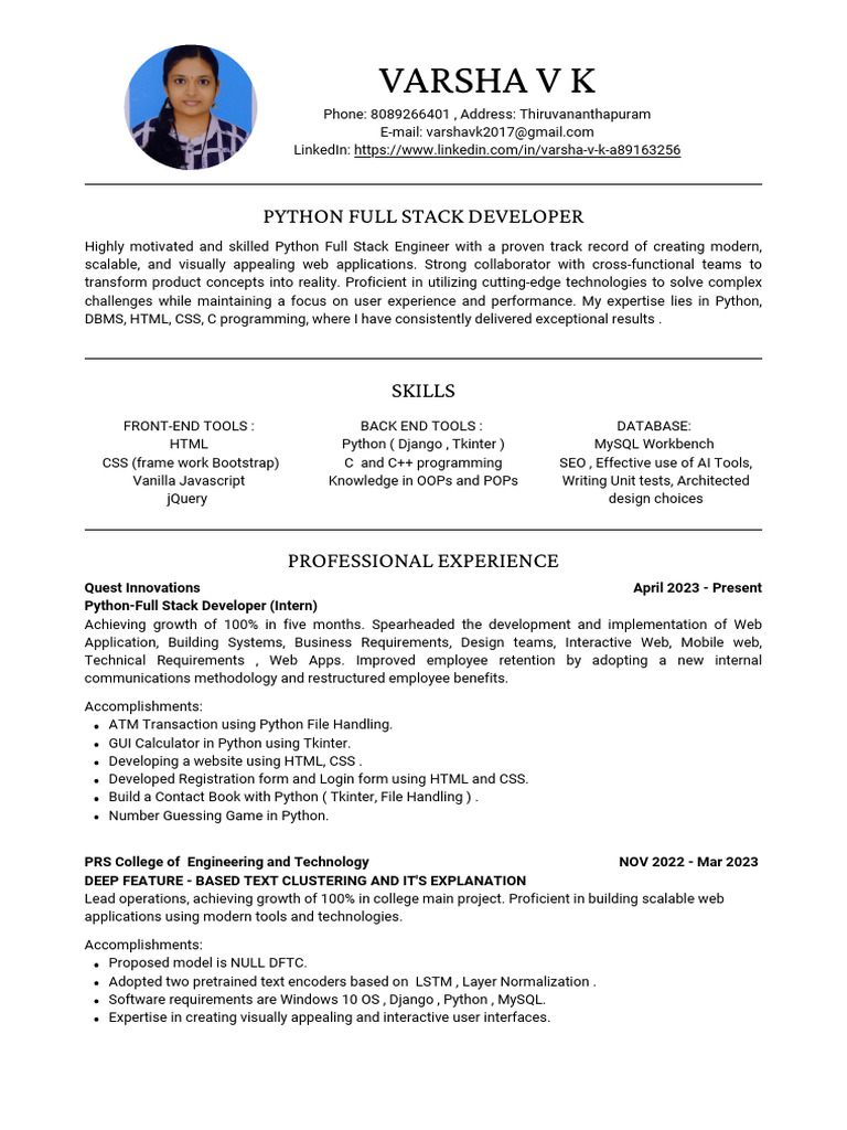 Varsha V K - CV | PDF