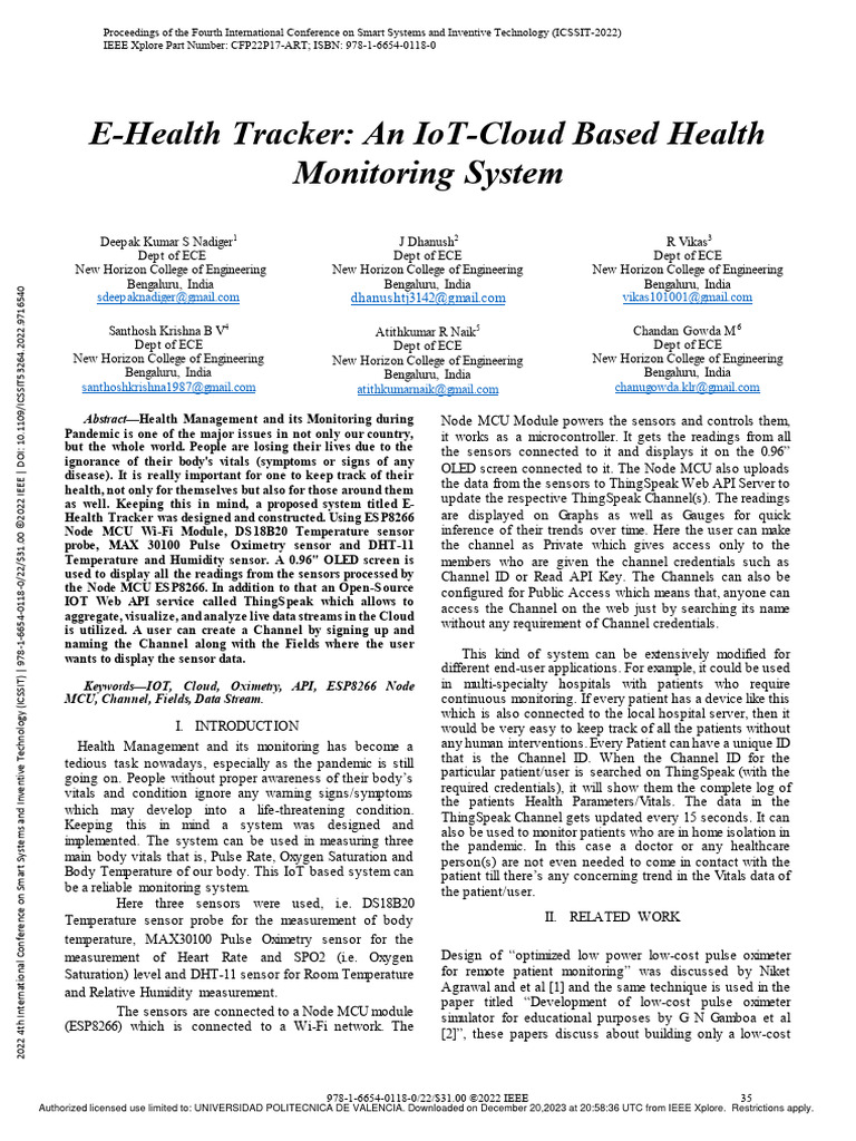 E-Health Tracker An IoT-Cloud Based Health Monitoring System | PDF