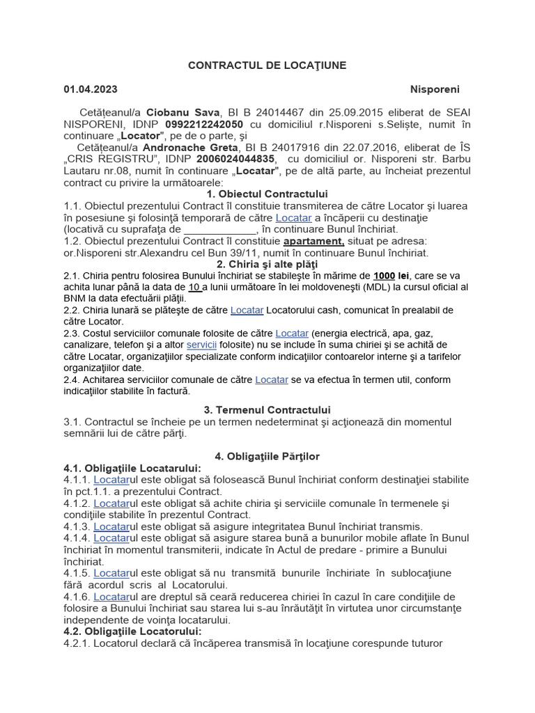 Contract Inchiriere | PDF