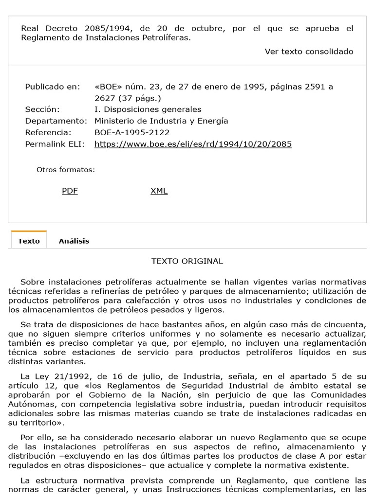 BOE-A-1995-2122 Real Decreto 2085 - 1994, de 20 de Octubre, Por El Que ...