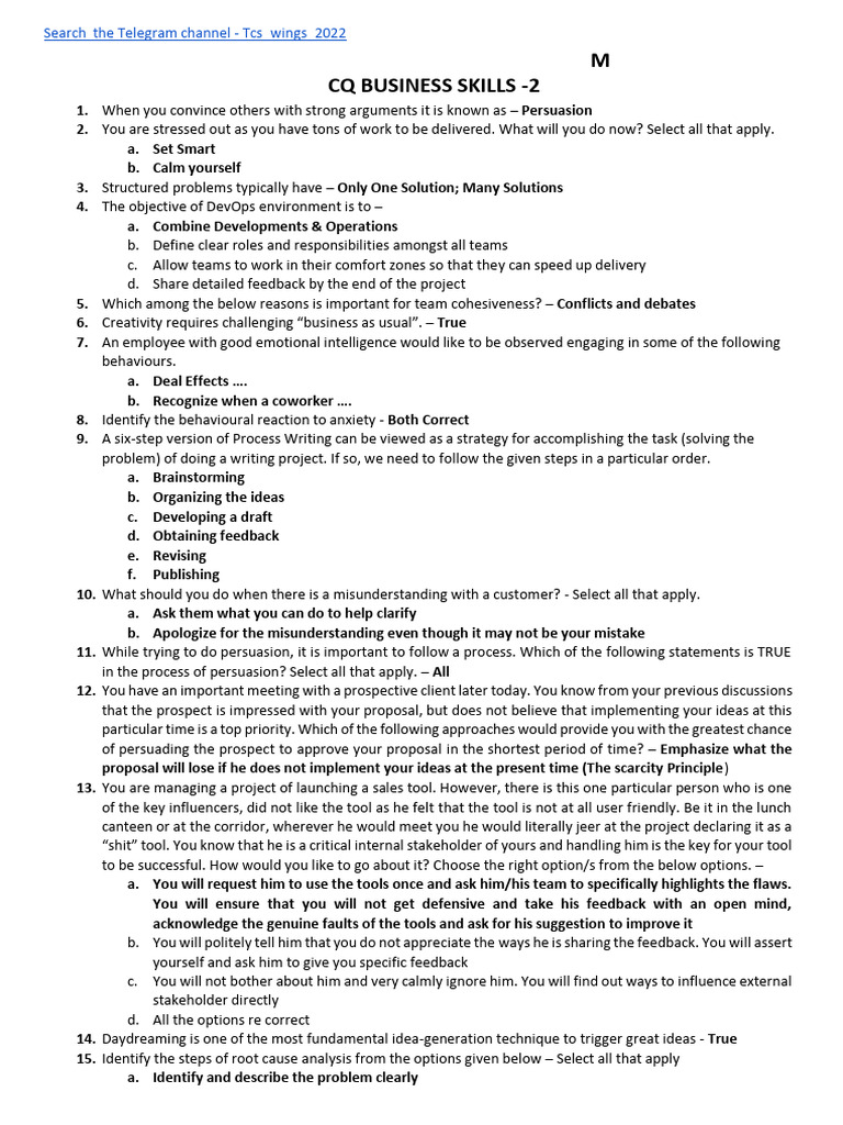 TCS Business Skills Assessment MCQs | PDF