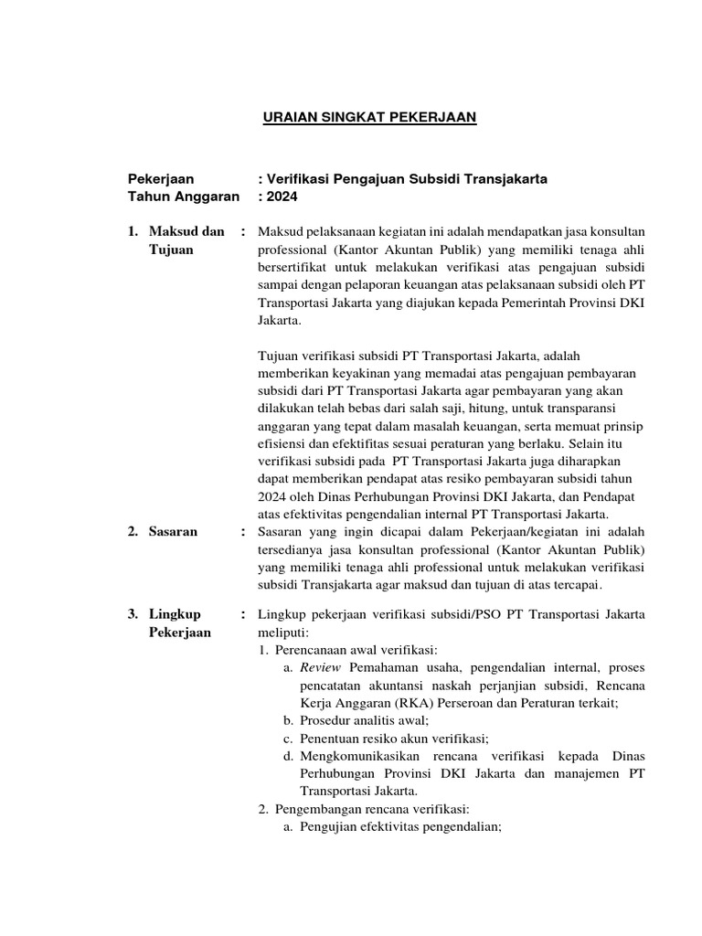 Uraian Singkat Pekerjaan Verifikasi Subsidi 2024 | PDF