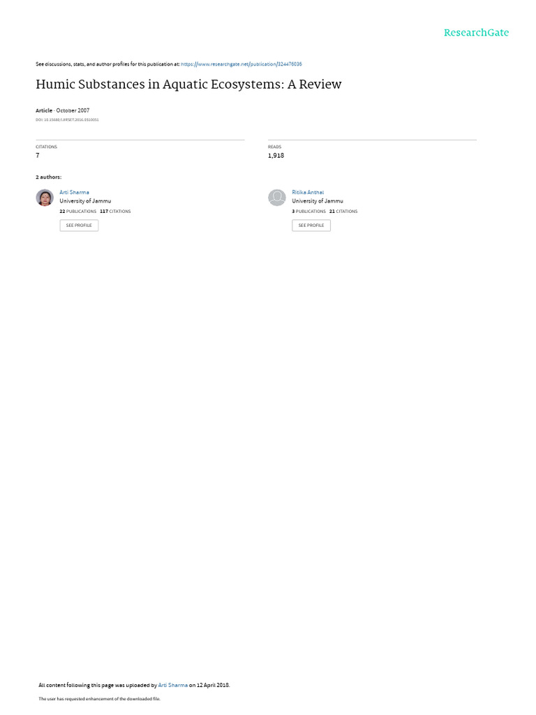 Humic Substances in Aquatic Ecosystems A Review | PDF