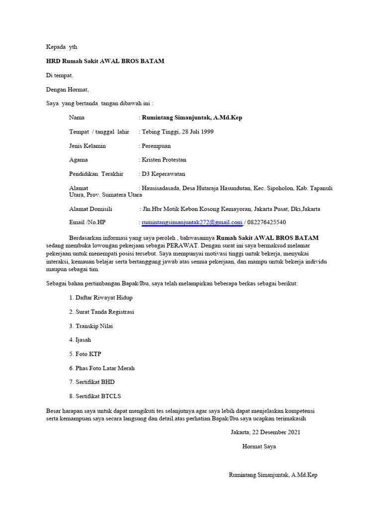 Lamaran Pekerjaan Perawat Rs Awal Bros Pdf Pengembangan Diri