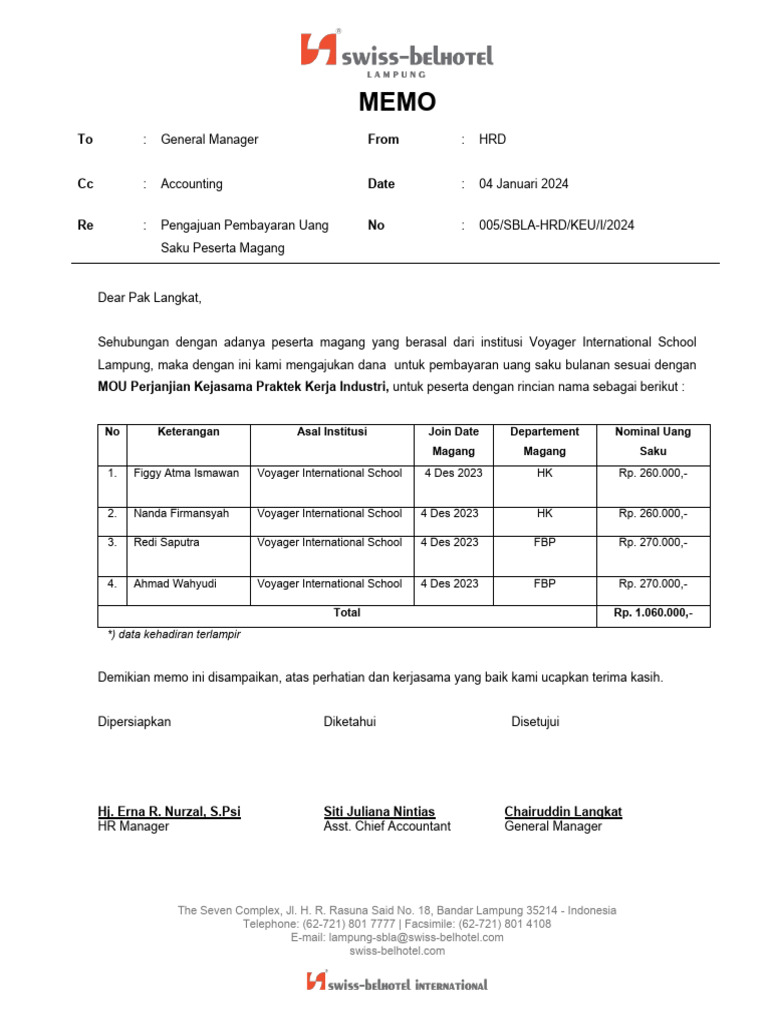 005 Memo Uang Saku Magang VIS Des - Jan | PDF