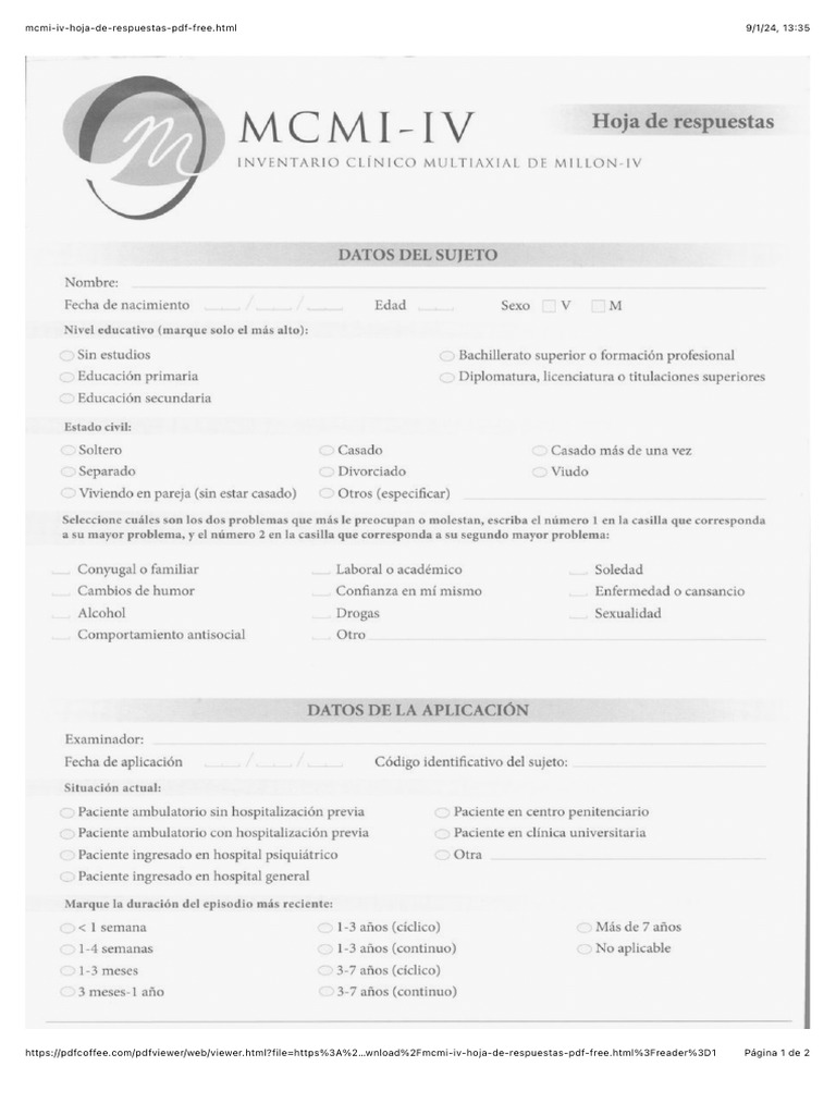 Mcmi-Iv Hoja de Respuestas | PDF