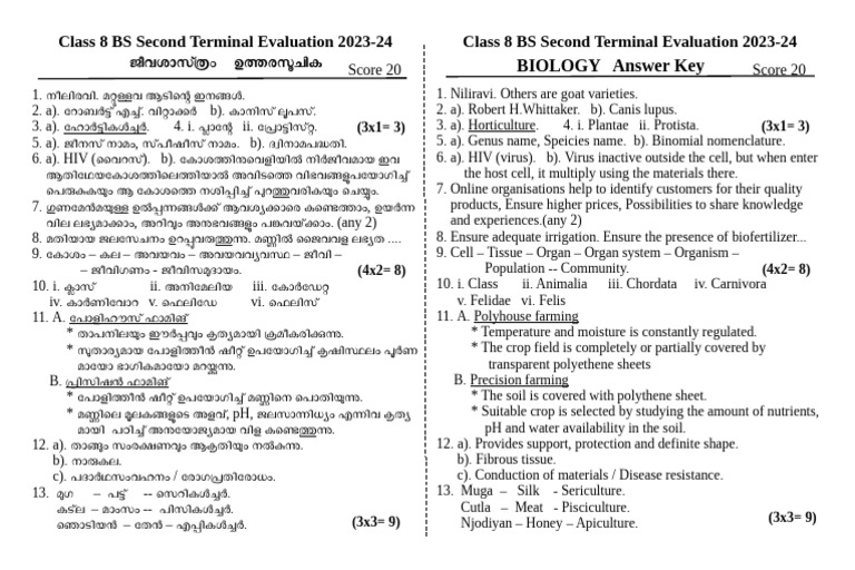 Answer Key - 8 BS Biology Second Term Evaluation 2023-24 - Rasheed ...
