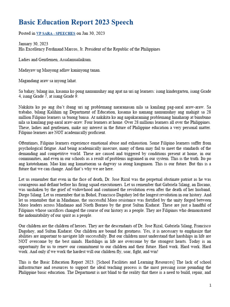 Basic Education Report 2023 Speech - Sec Sara Duterte | PDF