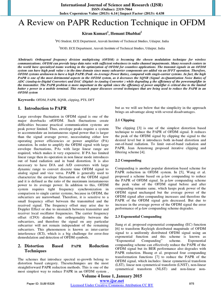 A Review On Papr Reduction Technique In Ofdm Pdf Orthogonal