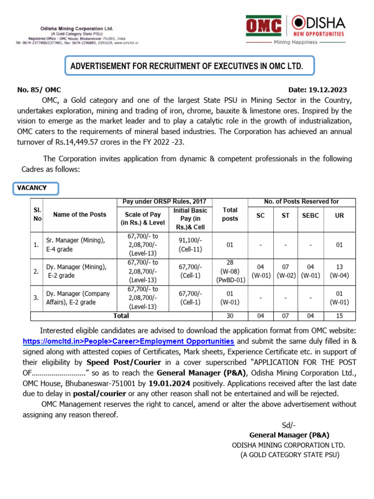 Advertisement For Recruitment of Executives in Omc LTD | PDF | Recruitment