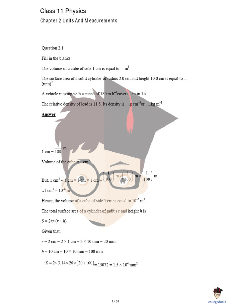 Class 11 Physics: Chapter 2 Units and Measurements | PDF