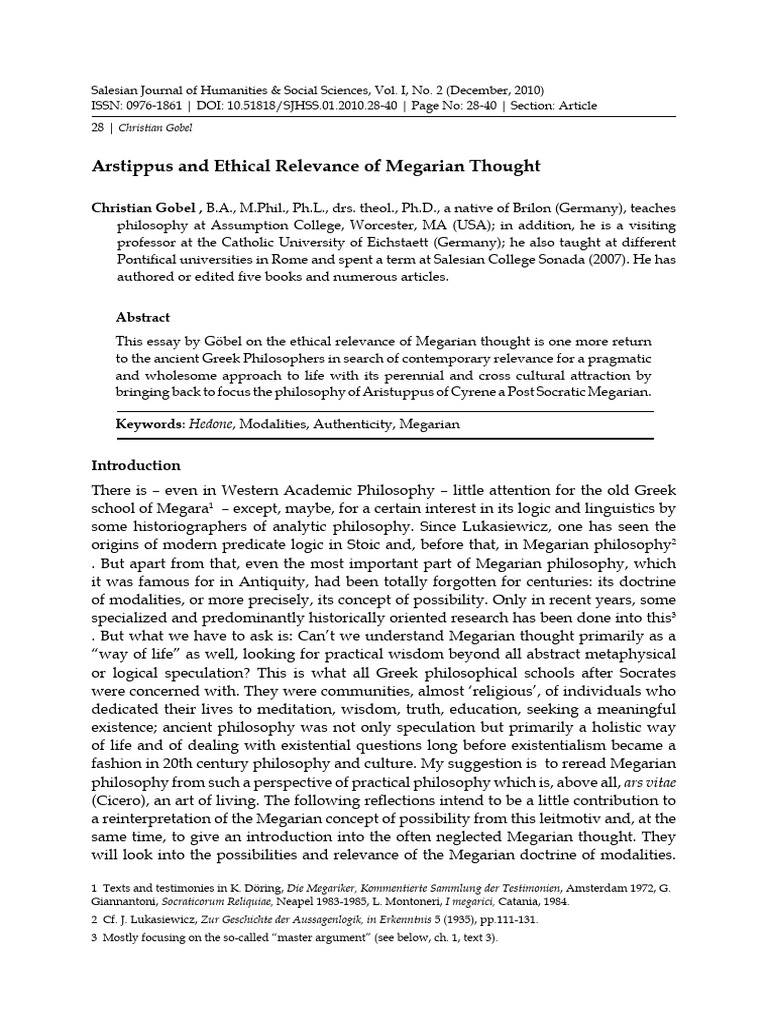 Gobel, Arstippus-and-Ethical-Relevance-of-Megarian-Thought | PDF