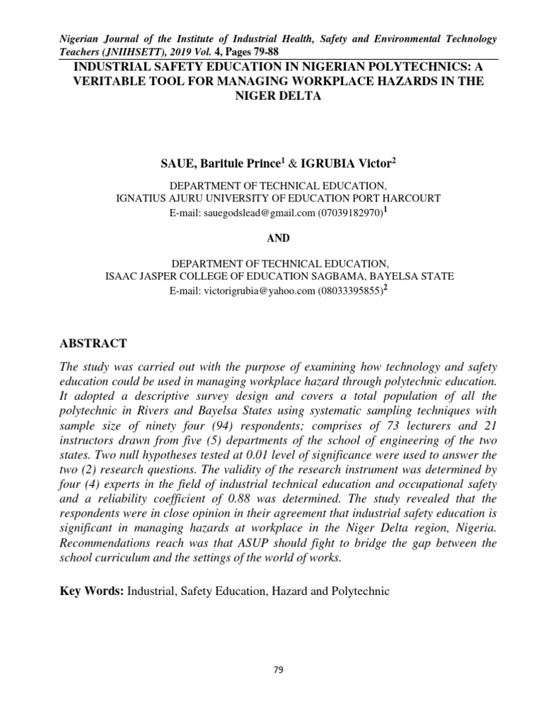 Industrial Safety Education In Nigerian Polytechnics Corrected Copy Pdf Business Social