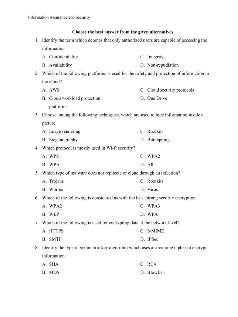 Information Assurance Security MCQ Worksheet For Exit Exam 2015@ | PDF