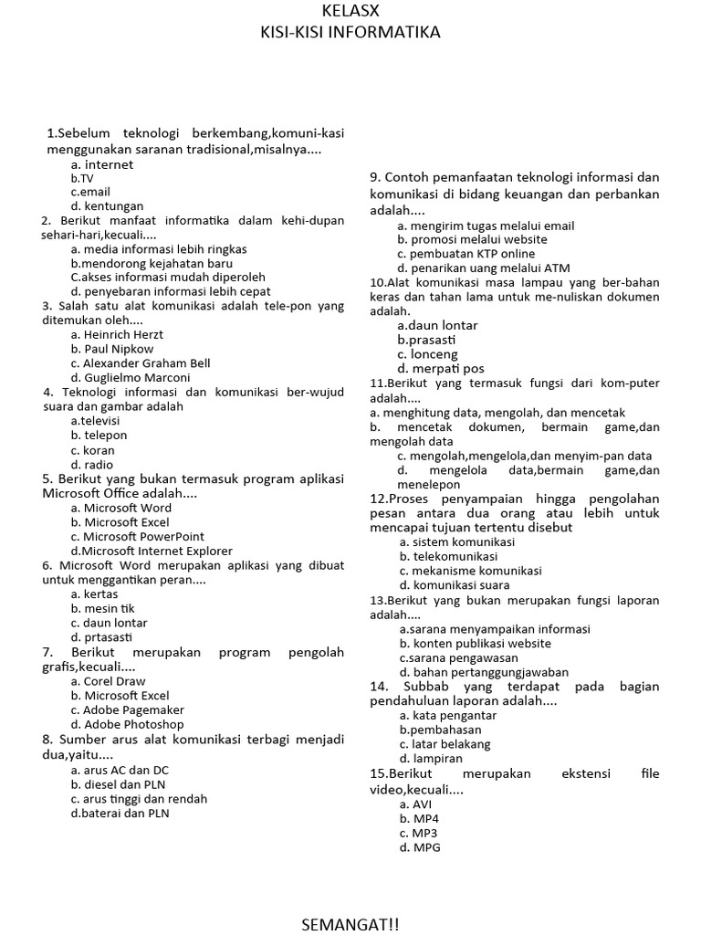 Kisi-Kisi Informatika Kelas X | PDF