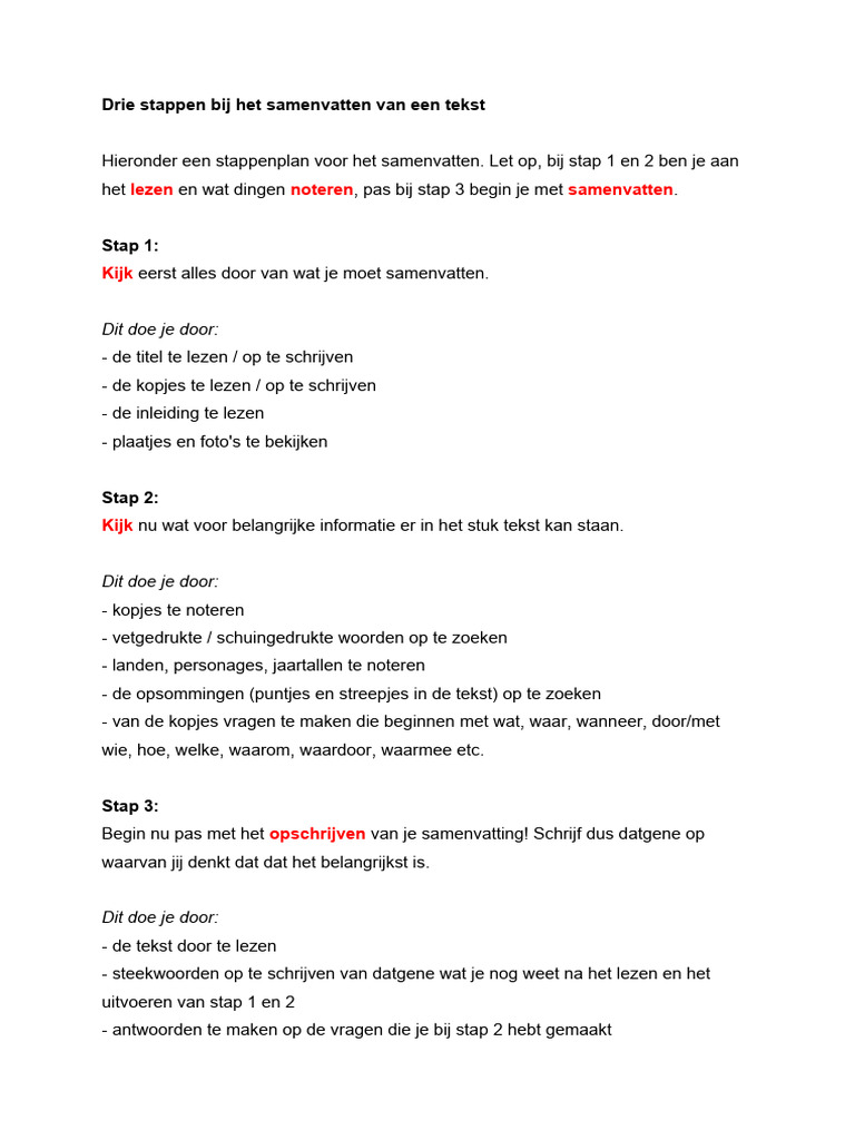 Drie stappen bij het samenvatten van een tekst | PDF