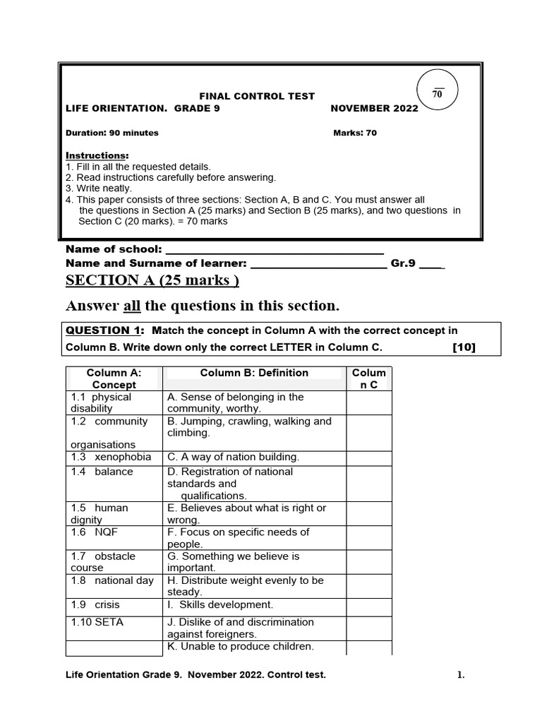 LIFE ORIENTATION Exemplar Grade 9 Term 4 NOV 2022 TEST PAPER AND | PDF