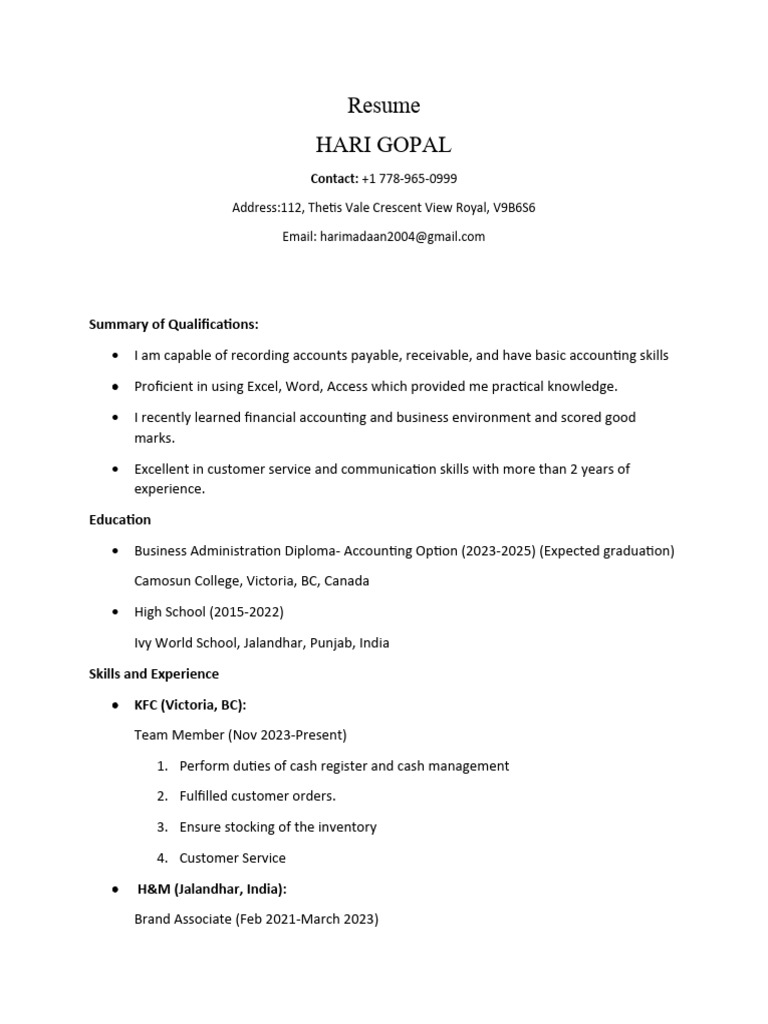HARI GOPAL Resume and Cover Letter | PDF