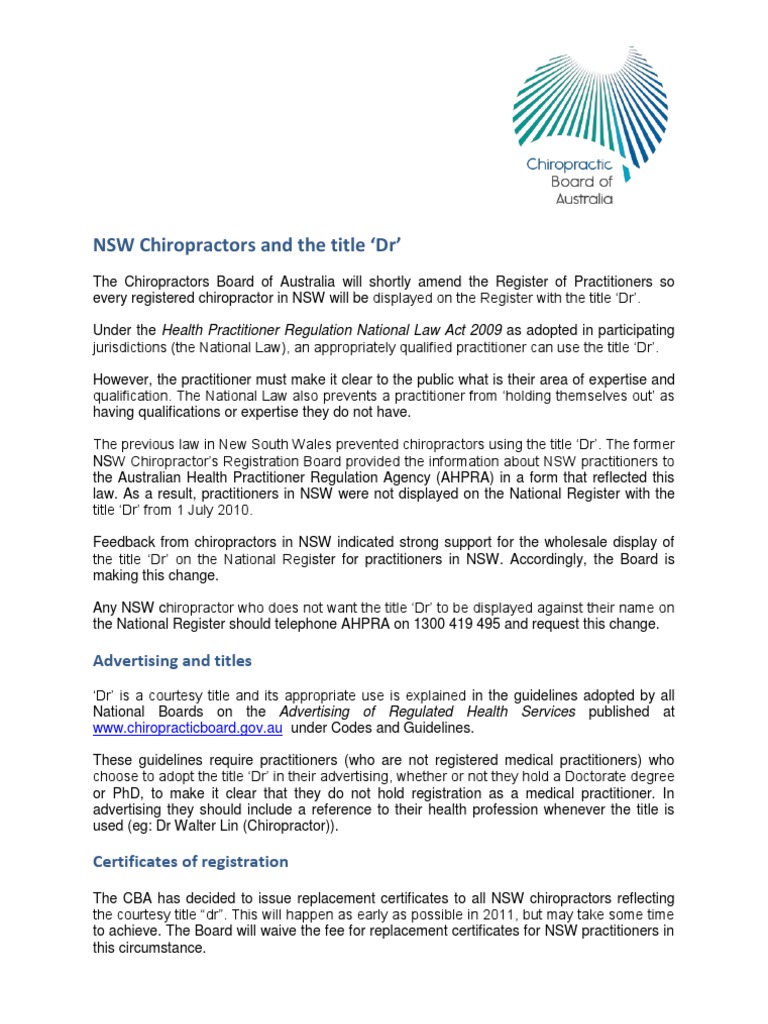 NSW Chiropractors' Use of 'Dr' Title | PDF