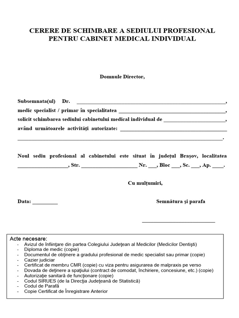 Cerere Schimbare Sediu Profesional Cmi | PDF