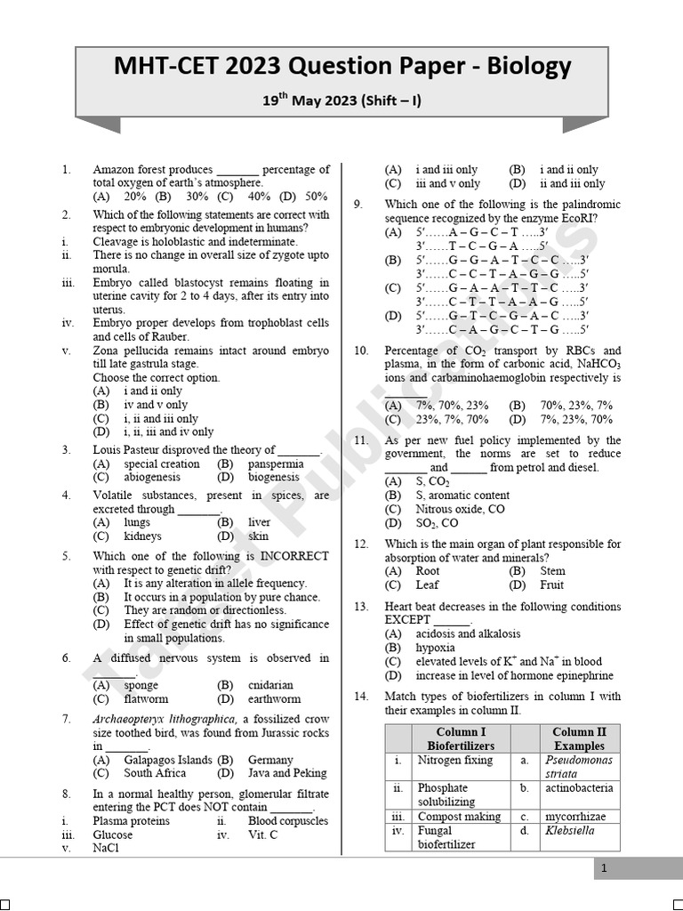 MHT-CET 2023 Question Paper - Biology - 647495d4267be | PDF | Dna ...