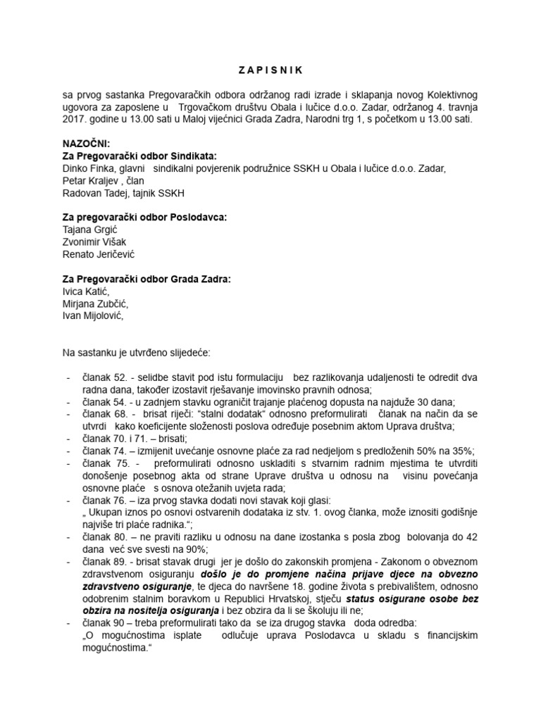 Zapisnik S 1. Sastanka Pregovaračkih Odbora | PDF