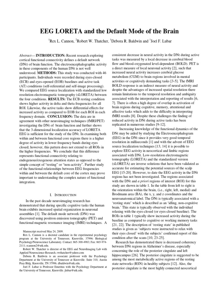 EEG LORETA and The Default Mode of The Brain | PDF | Frontal Lobe ...