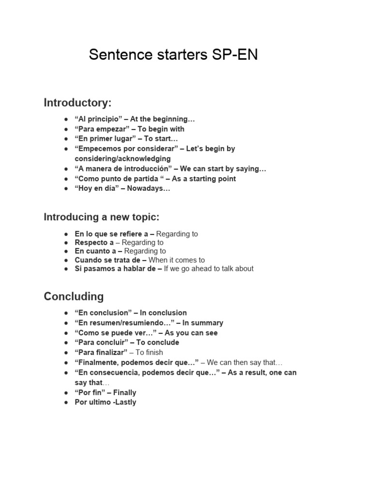 Sentence Starters SP-EN | PDF