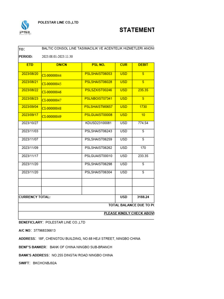 Statement of Account 202308-11 Excel - Bcline TR | PDF
