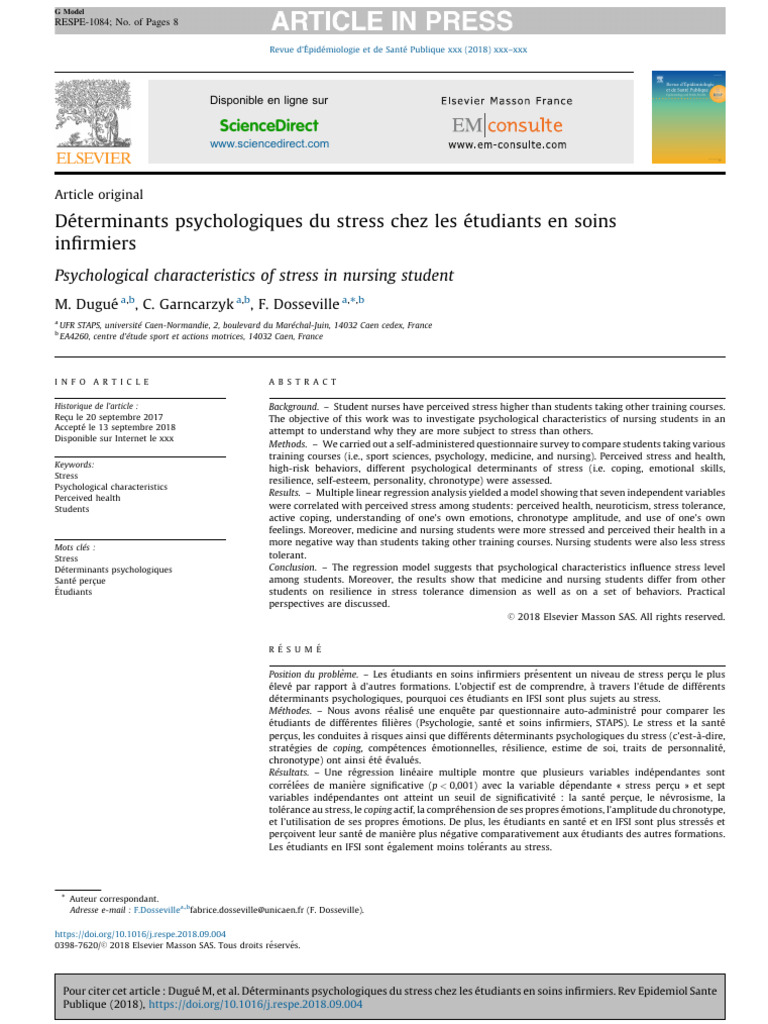 De Terminants Psychologiques Du Stress Chez Les e Tudiants en Soins Infirmiers | PDF ...