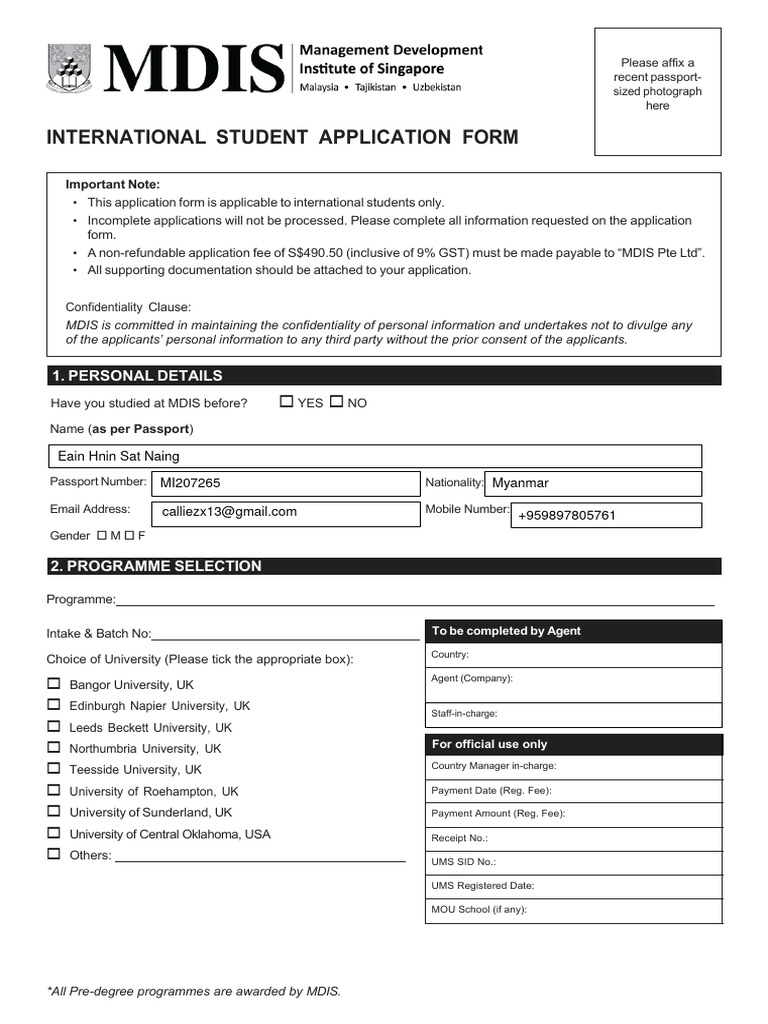 INTERNATIONAL STUDENT APPLICATION FORM (Nov 2023) | PDF | Cost Of ...