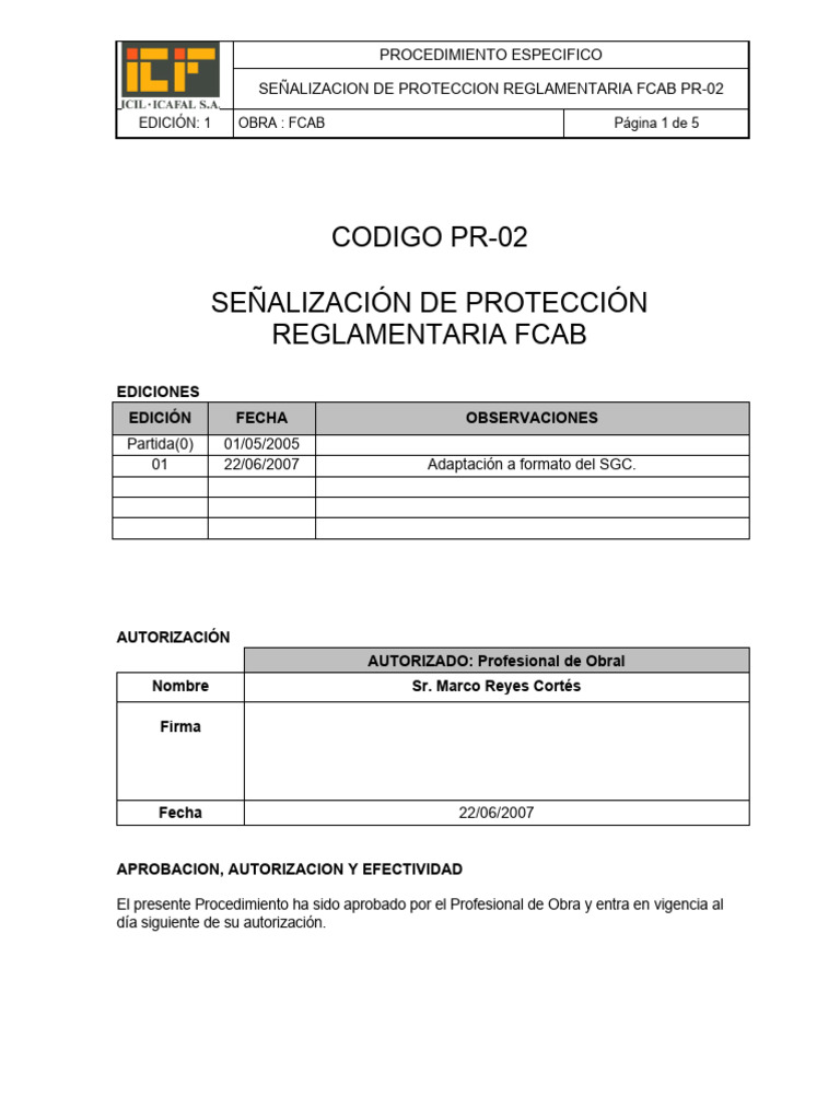 PR-02 Procedimiento de Señalización FCAB | PDF