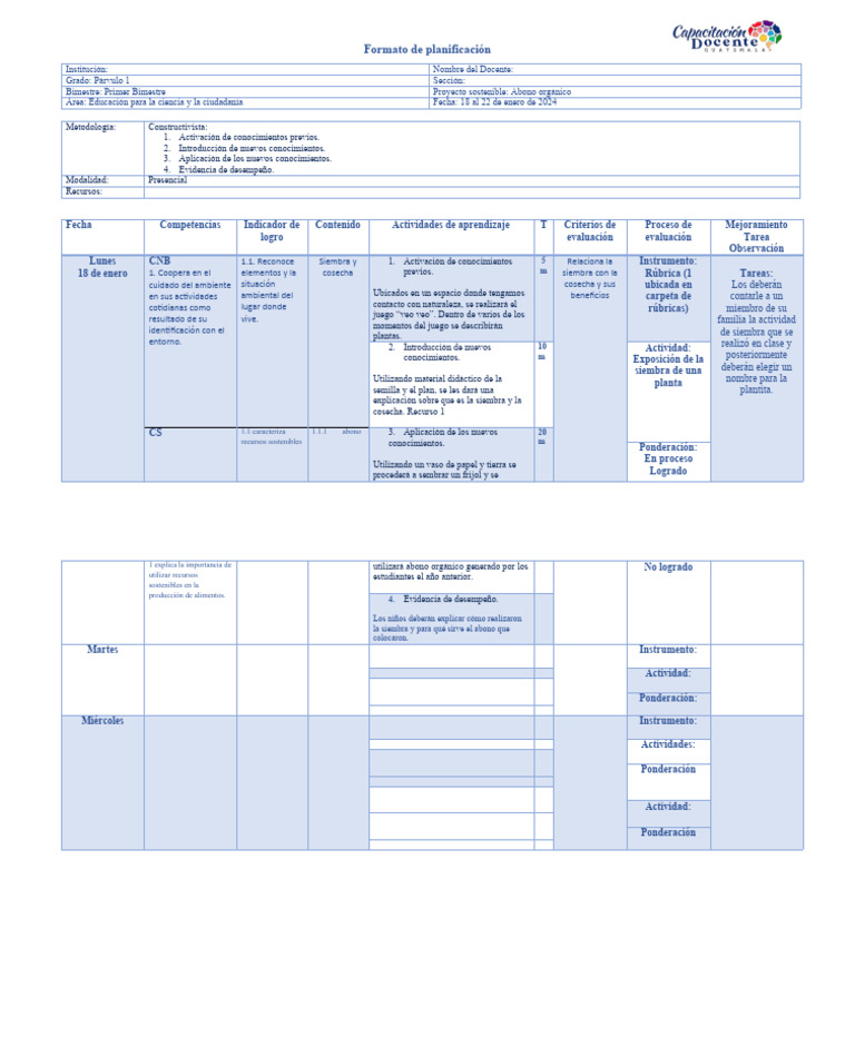 Formato planificación independiente Preprimaria EJEMPLO | PDF