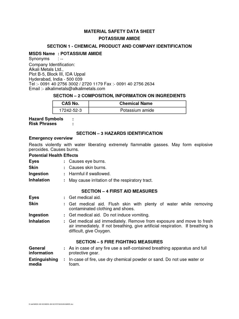 Amiduro de Potasio - Data Sheet Seguridad | PDF | Ammonia | Personal ...
