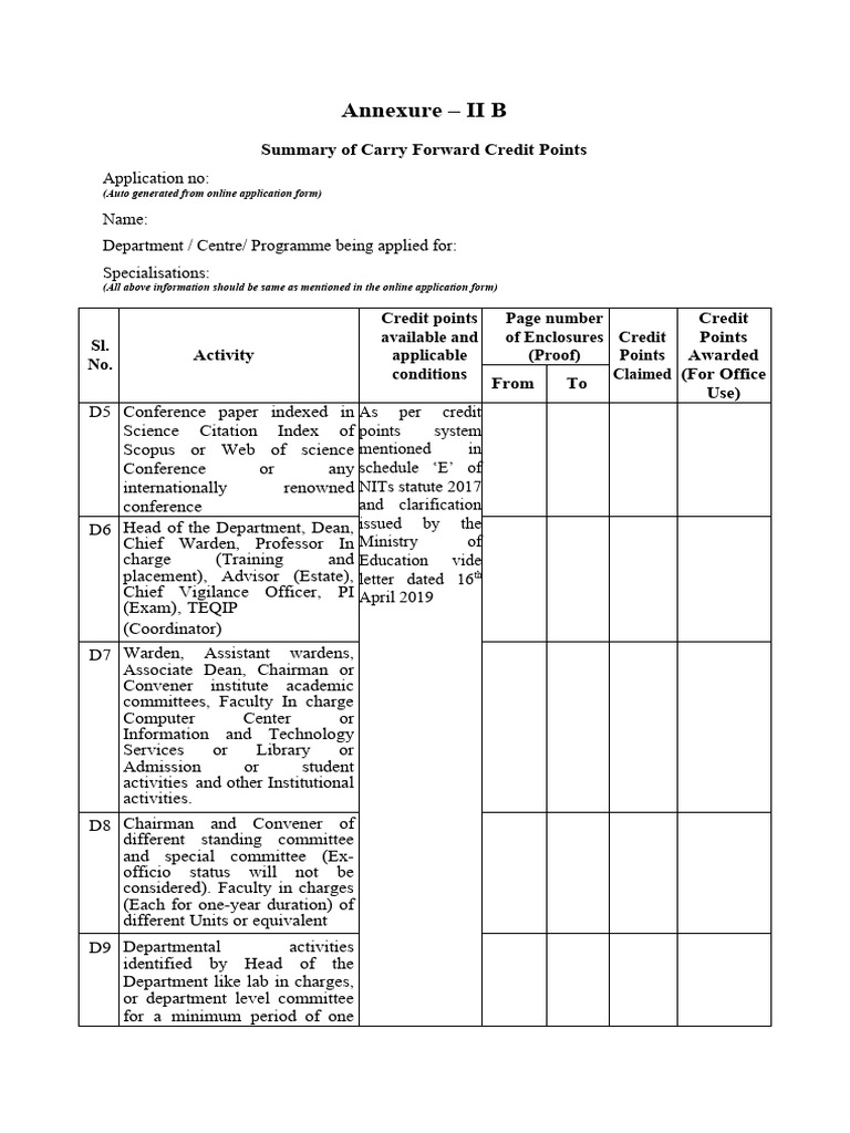 Carry Forward Credit Points Summary | PDF