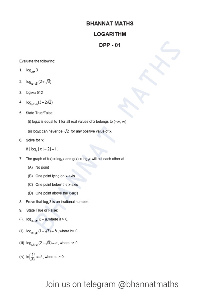 Logarithm Practice Problems DPP-01 | PDF | Teaching Methods & Materials