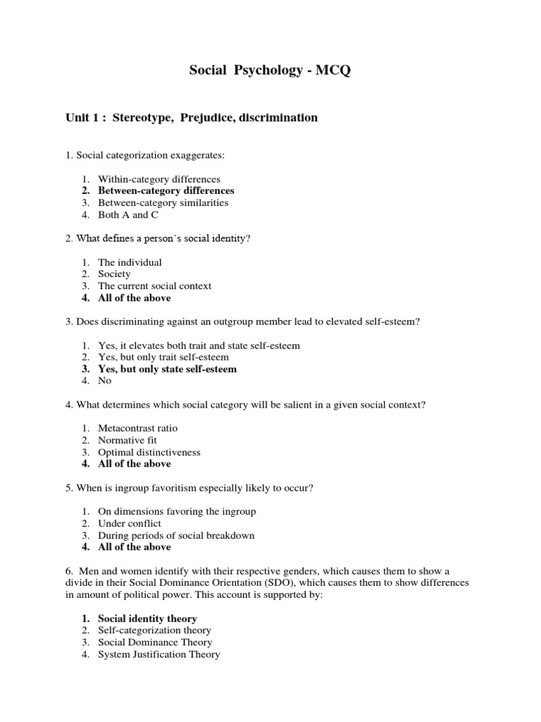 Social Psy MCQ With Ans | PDF | Aggression | Stereotypes