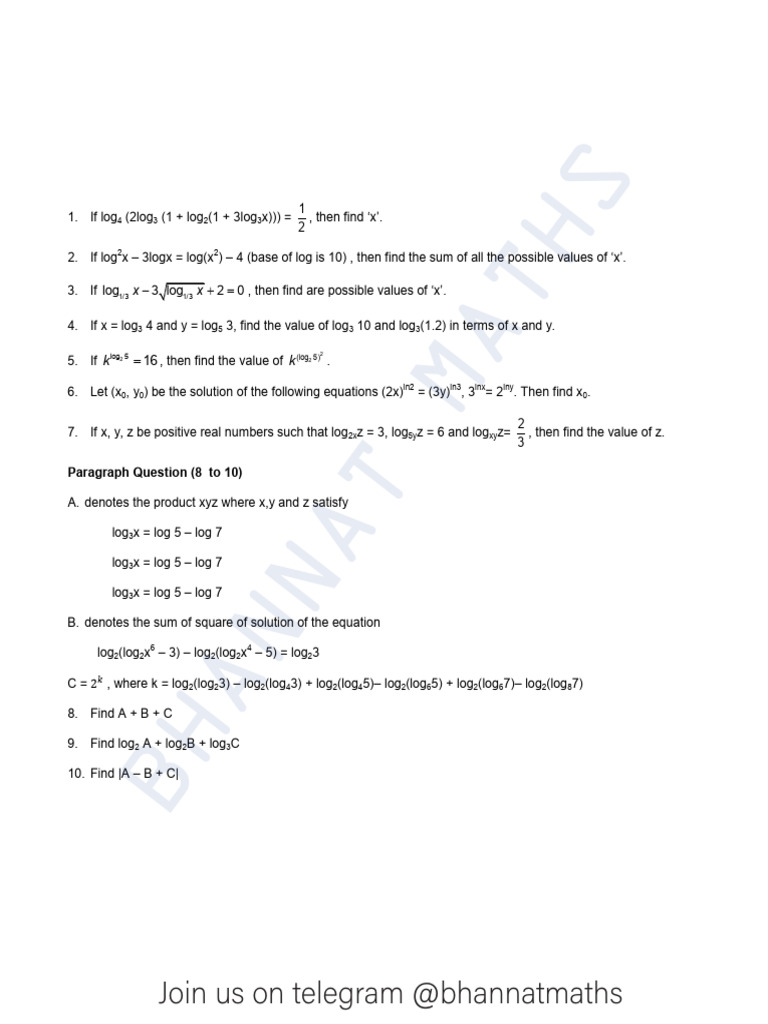 DPP 03 - Logarithm - Aman Sir - Bhannat Maths | PDF