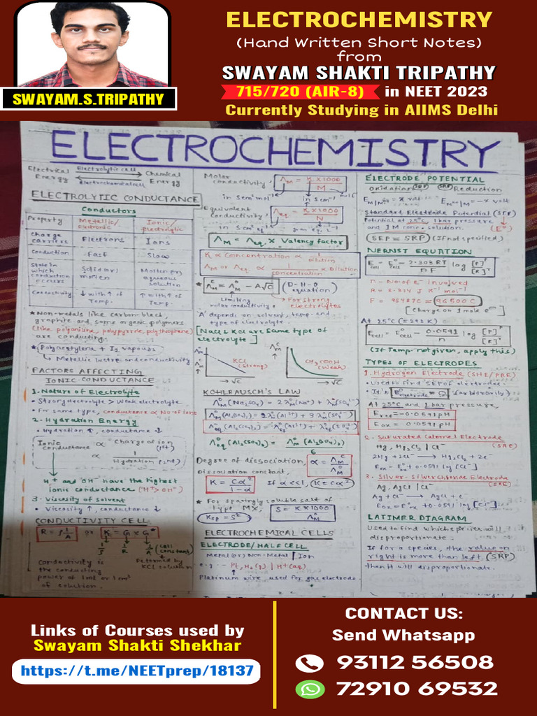 Electrochemistry Short Notes From Swayam (AIR 8 NEET 2023) | PDF