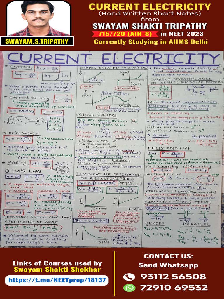 Current Electricity Short Notes From Swayam Air 8 Neet 2023 Pdf