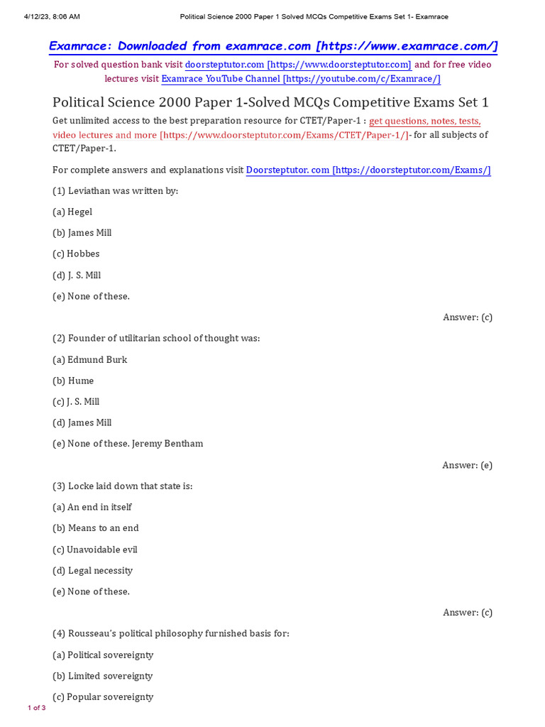 Political Science 2000 Paper 1 MCQ Set 1 | Download Free PDF ... Political Science 2000 Paper 1 MCQ Set 1 | Download Free PDF ...
