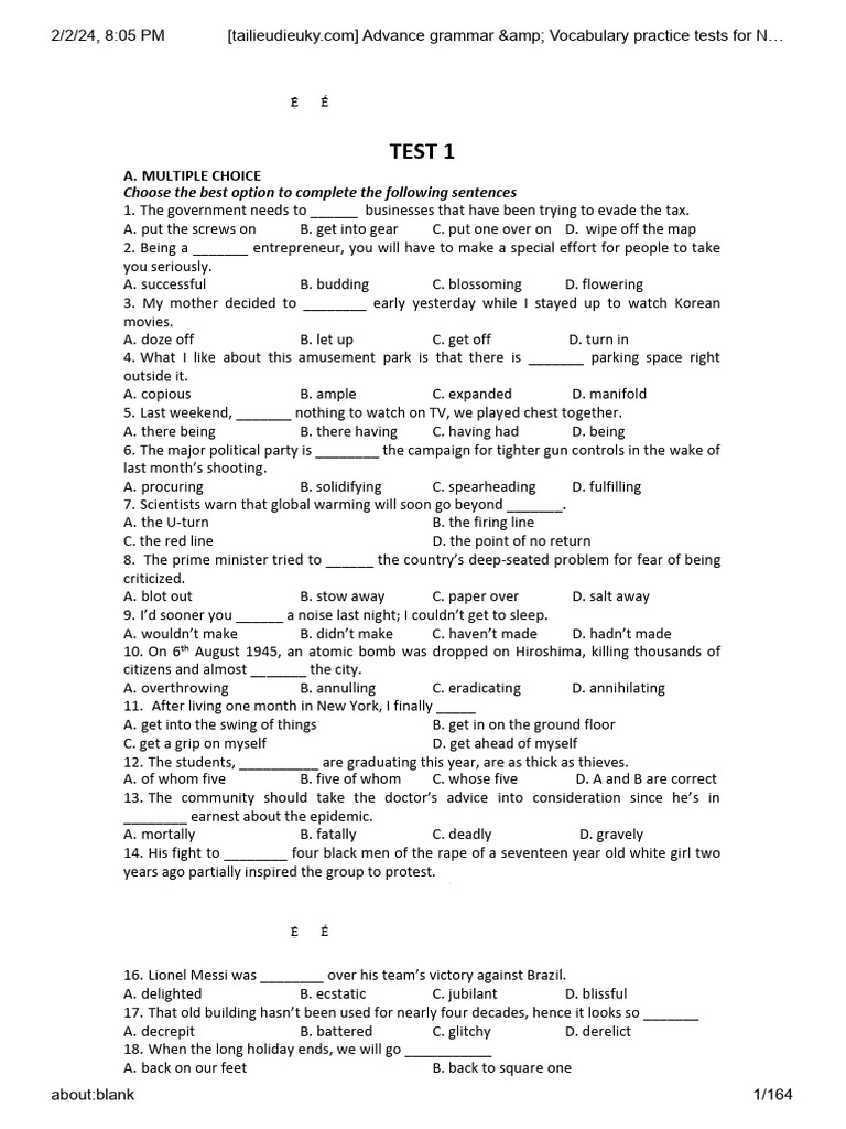 (Tailieudieuky.com) Advance Grammar & Vocabulary Practice Tests for NEC ... (Tailieudieuky.com) Advance Grammar & Vocabulary Practice Tests for NEC ...