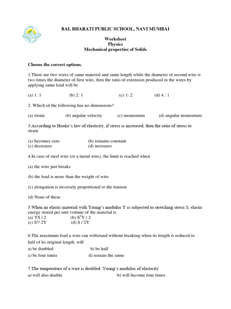 Worksheet Mechanical Properties of Solids. | PDF | Elasticity (Physics) | Young's Modulus