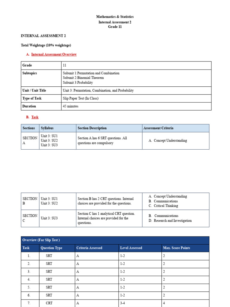 Grade 11 Math Internal Assessment Guide | PDF | Understanding | Information