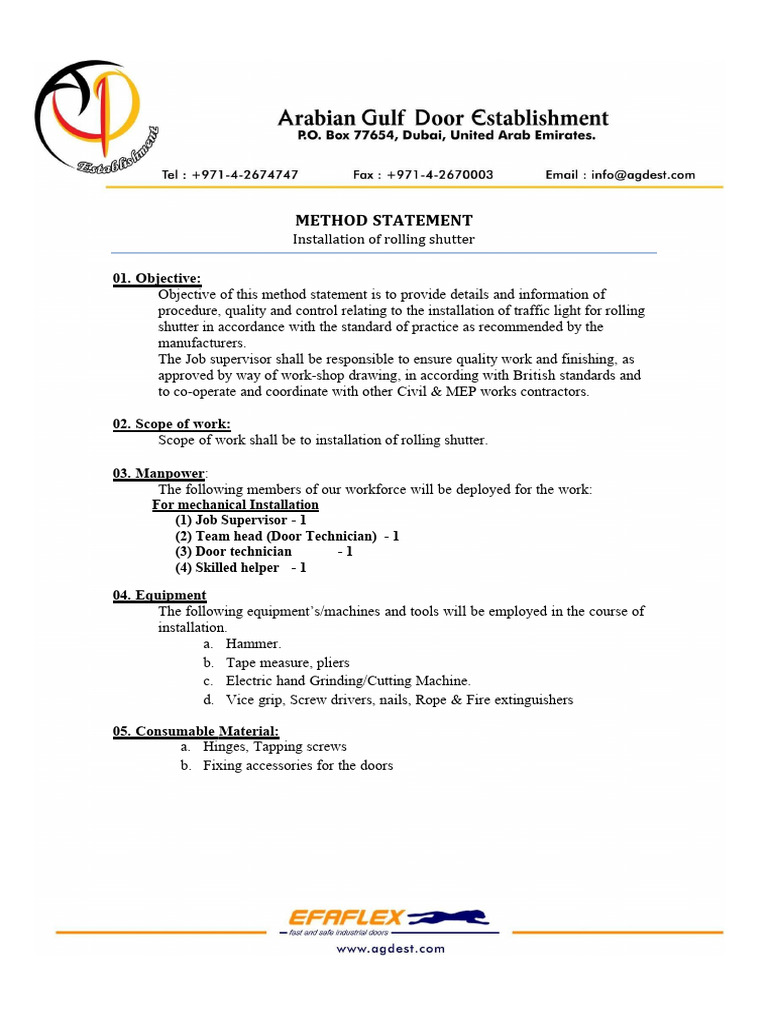 Method Statement of Rolling Shutter-04.09.2023 - Dewa Supply & Installation | PDF | Fire Safety ...